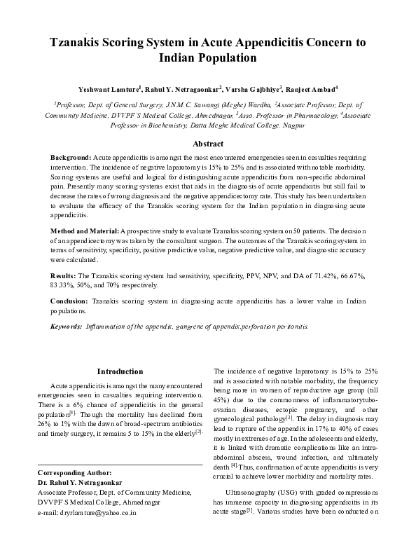 (PDF) Tzanakis Scoring System in Acute Appendicitis Concern to Indian ...
