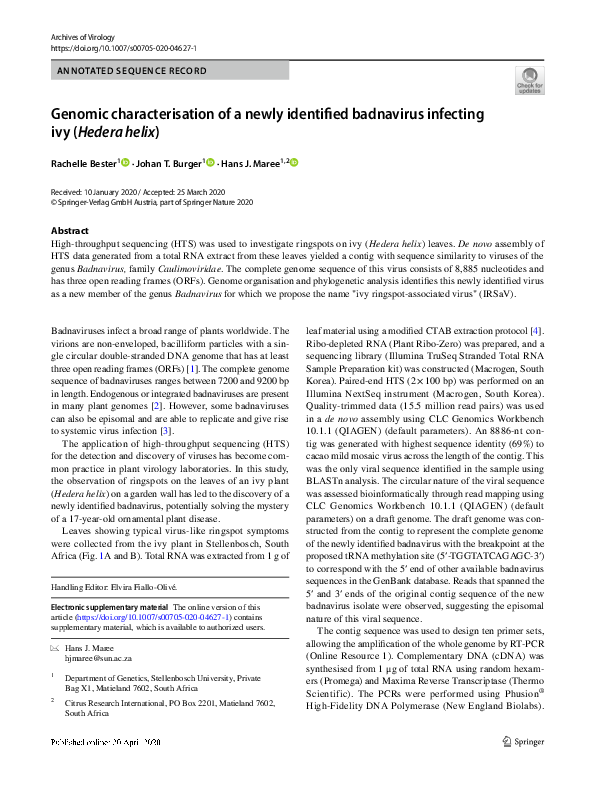 (PDF) Genomic characterisation of a newly identified badnavirus ...