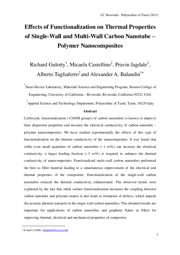 (PDF) Effects of Functionalization on Thermal Properties of Single-Wall ...