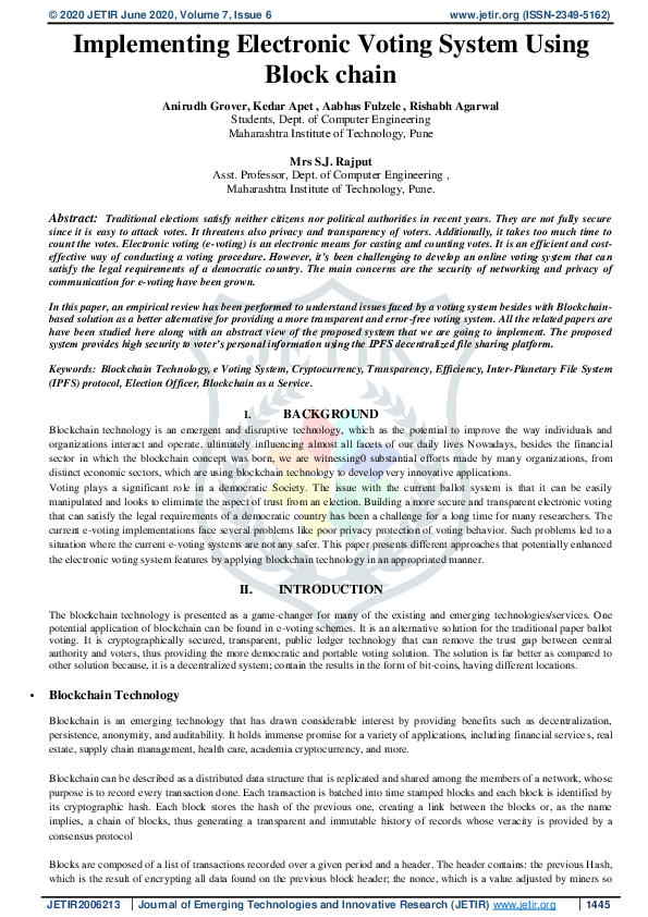 (PDF) Implementing Electronic Voting System Using Block chain