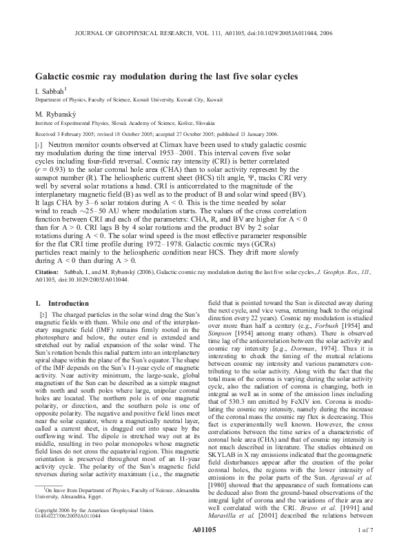 (PDF) Galactic cosmic ray modulation during the last five solar cycles