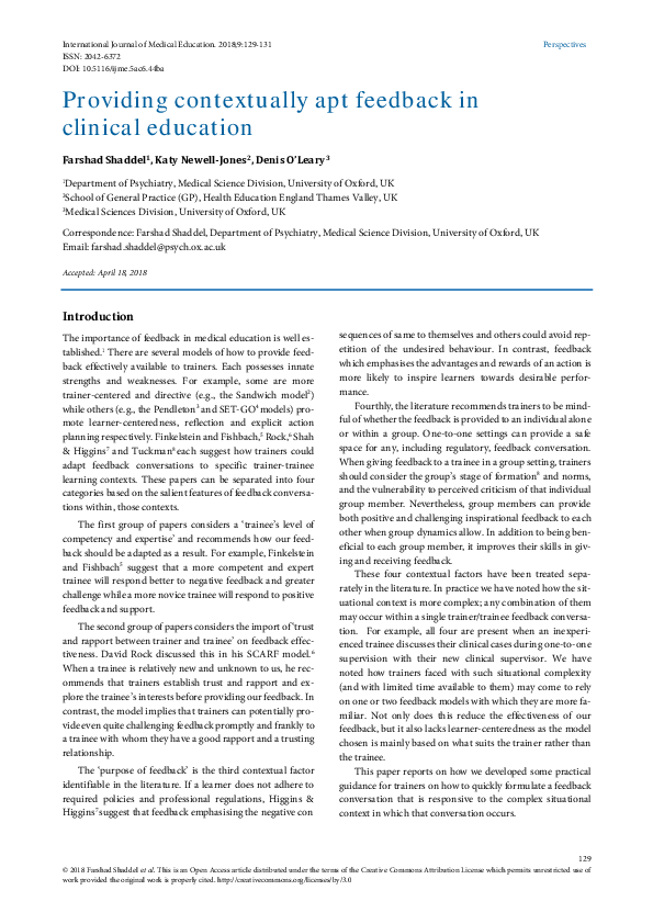 (PDF) Providing contextually apt feedback in clinical education