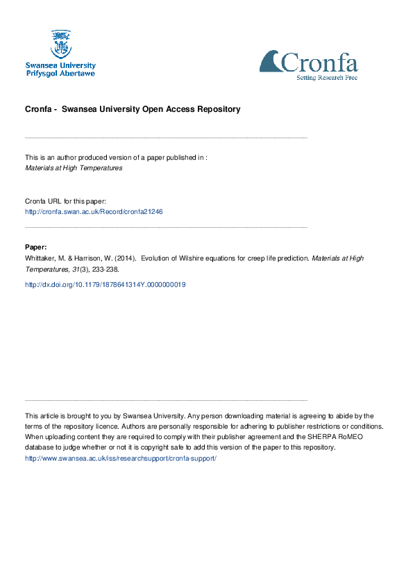 (PDF) Evolution of Wilshire equations for creep life prediction