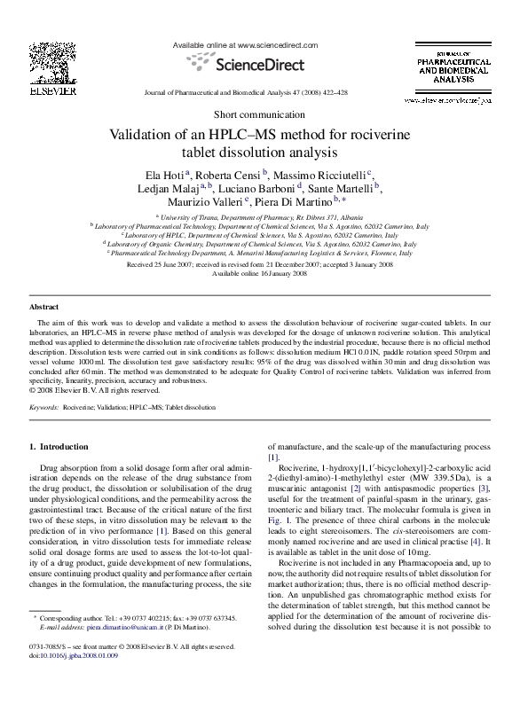 (PDF) Validation of an HPLC–MS method for rociverine tablet dissolution analysis | Luciano ...