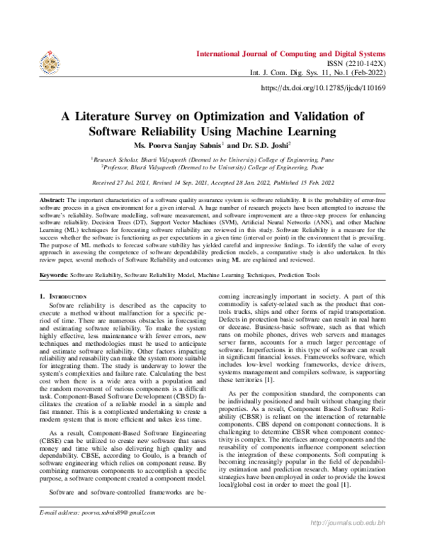 (PDF) A Literature Survey on Optimization and Validation of Software Reliability Using Machine ...