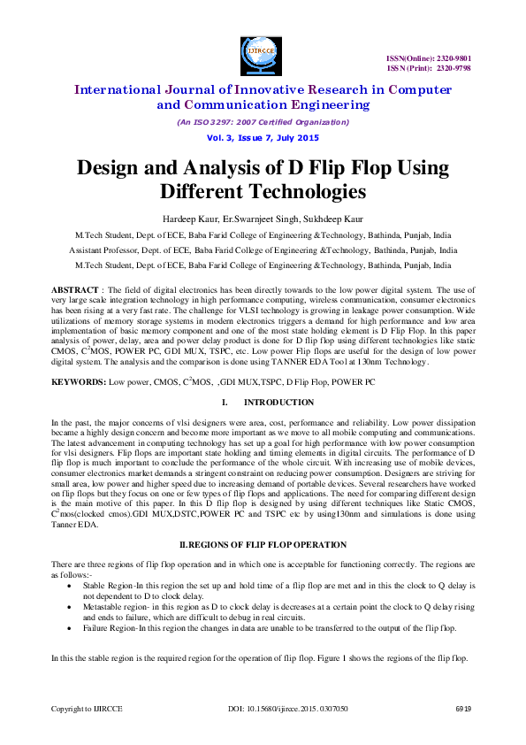 (PDF) Design and Analysis of D Flip Flop Using Different Technologies