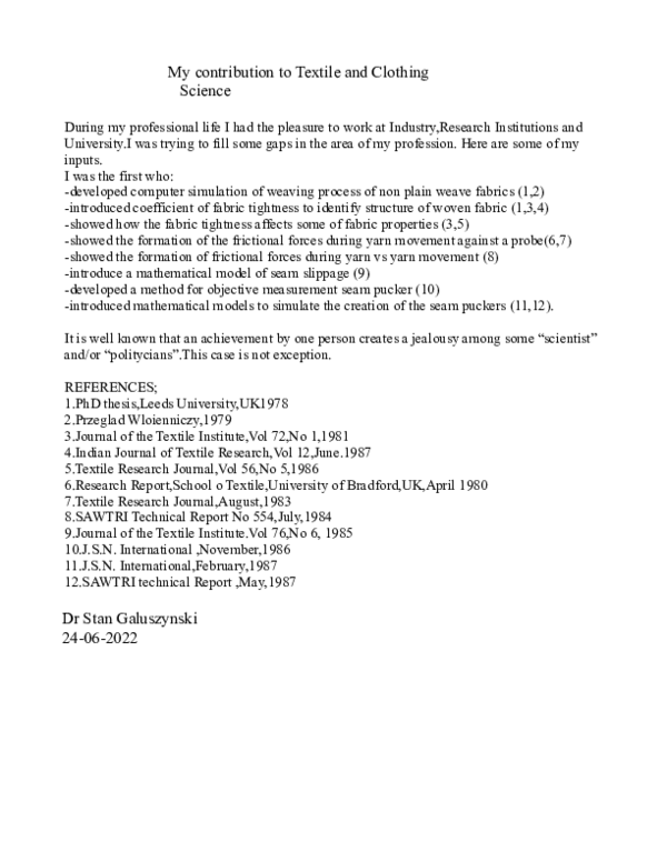 (PDF) My contribution to Textile and Clothing Science