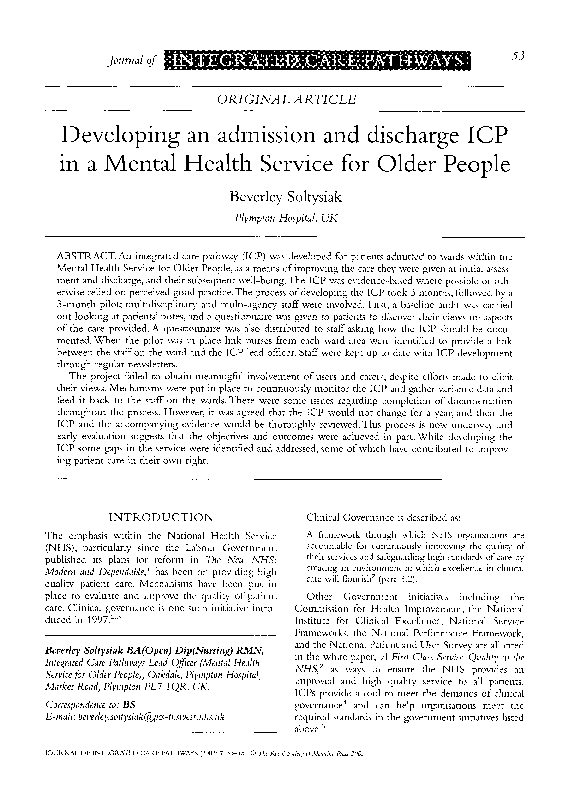 (PDF) Developing an Admission and Discharge ICP in a Mental Health ...