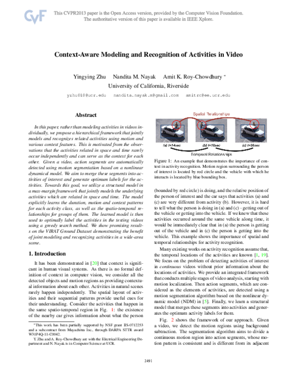 (PDF) Context-Aware Modeling and Recognition of Activities in Video