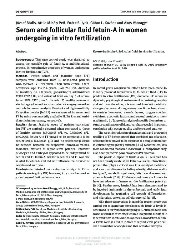 (PDF) Serum and follicular fluid fetuin-A in women undergoing in vitro ...