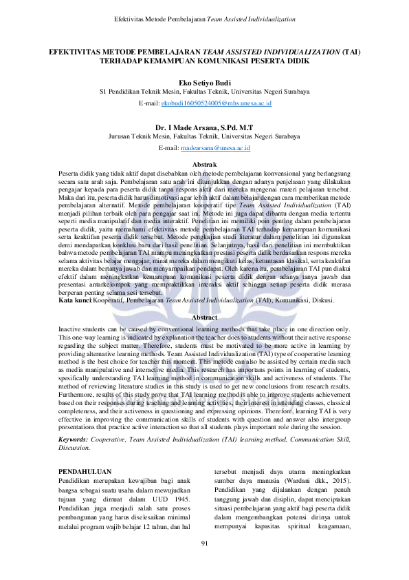 (PDF) Efektivitas Metode Pembelajaran Team Assisted Individualization (Tai) Terhadap Kemampuan ...