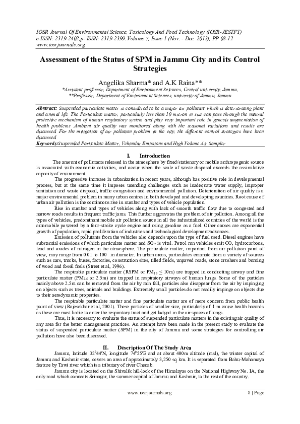 (PDF) Assessment of the Status of SPM in Jammu City and its Control ...