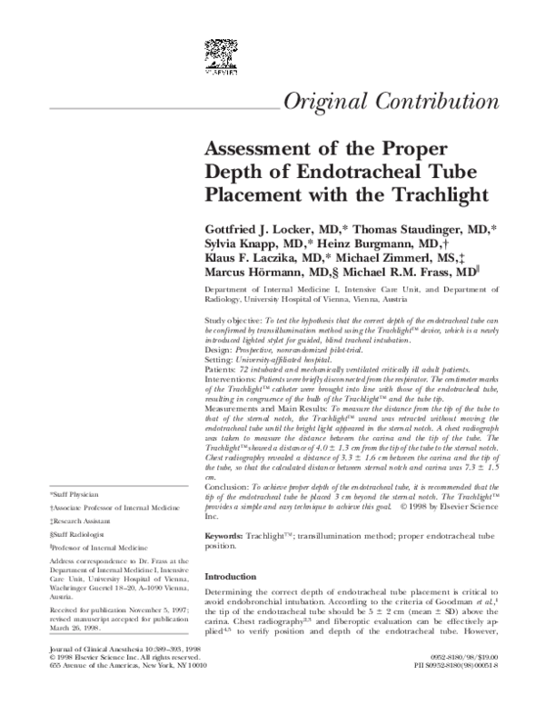 (PDF) Assessment of the proper depth of endotracheal tube placement ...