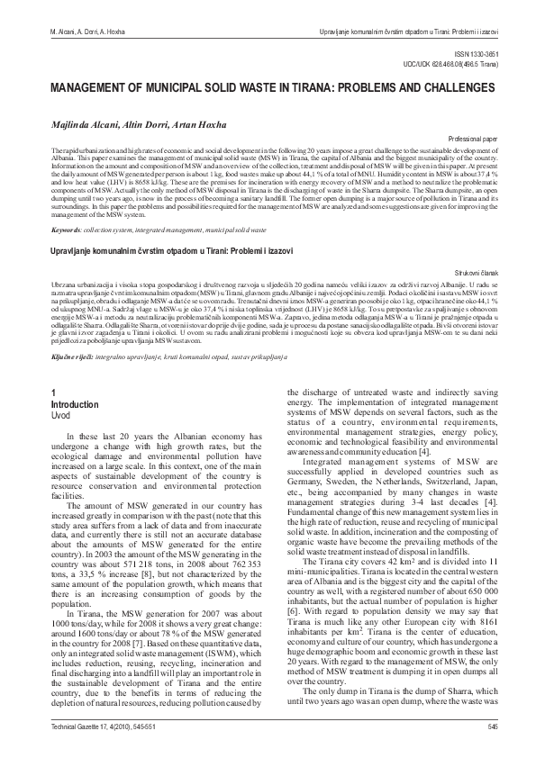 (PDF) Management of Municipal Solid Waste in Tirana: Problems and ...