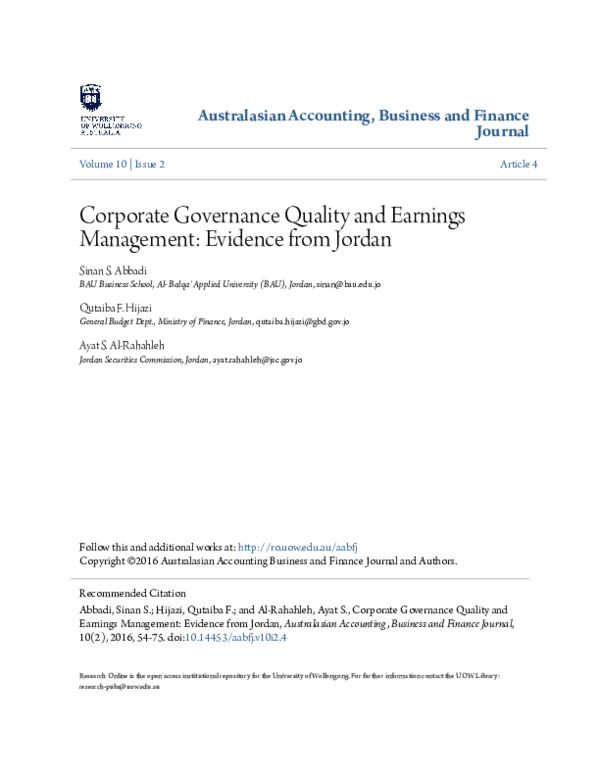 (PDF) Corporate Governance Quality and Earnings Management: Evidence from Jordan