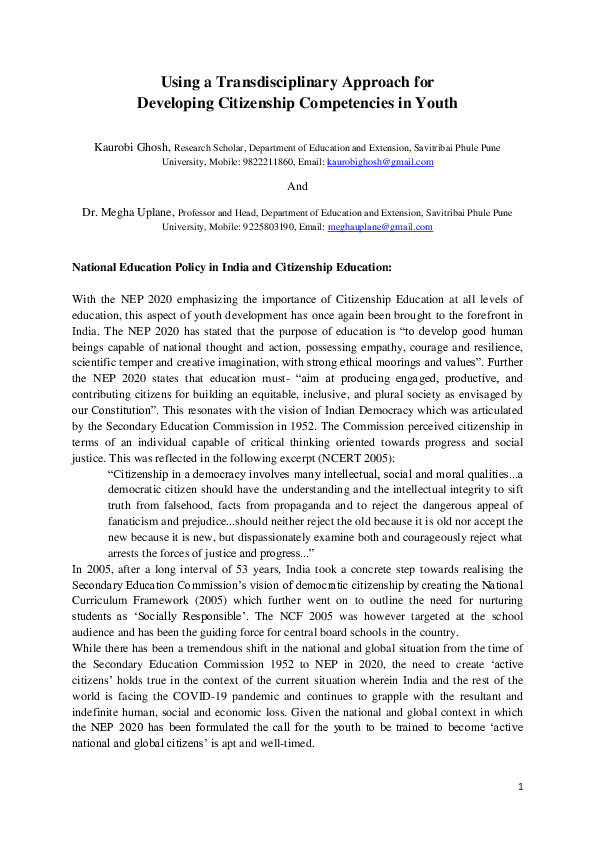 (PDF) Using a Transdisciplinary Approach for Developing Citizenship ...