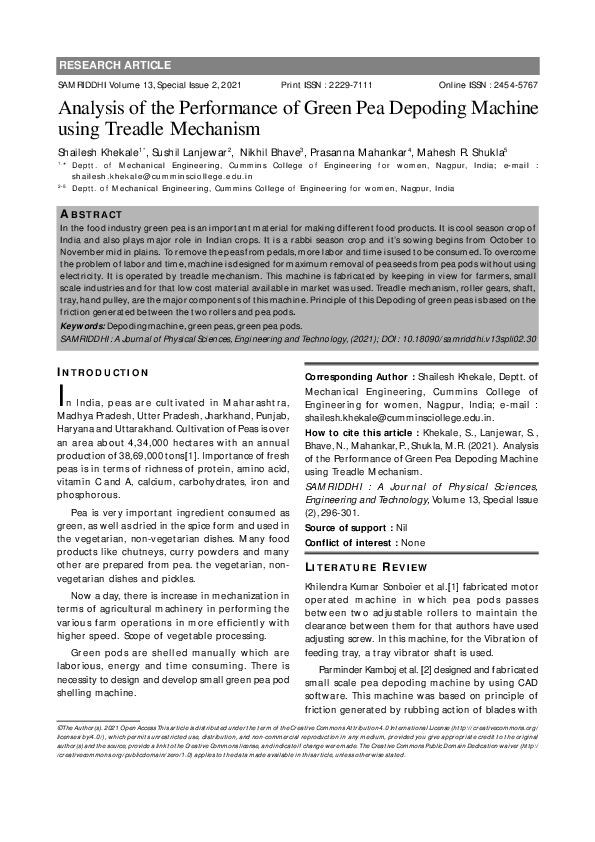 (PDF) Analysis of the Performance of Green Pea Depoding Machine using ...