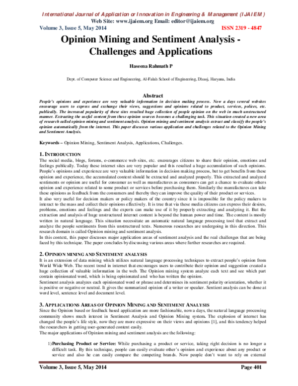 (PDF) Opinion Mining and Sentiment Analysis - Challenges and Applications