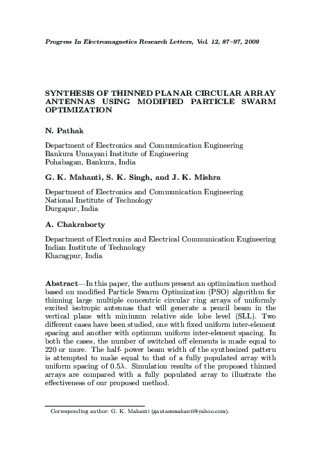 Synthesis Of Thinned Planar Circular Array Antennas Using Modified Particle Swarm Optimization 