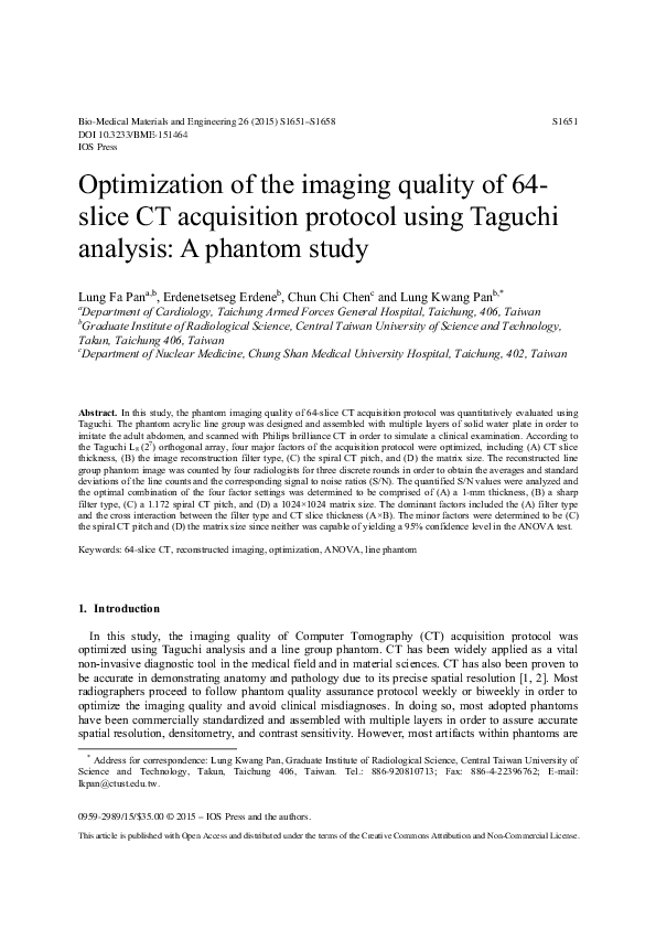 (PDF) Optimization of the imaging quality of 64-slice CT acquisition protocol using Taguchi ...