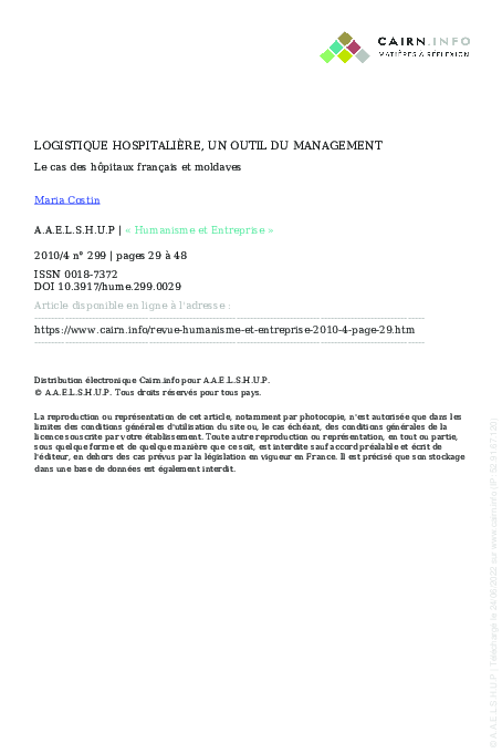 (PDF) Logistique hospitalière, un outil du management
