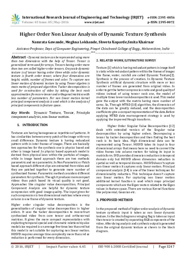 Pdf Higher Order Non Linear Analysis Of Dynamic Texture Synthesis Smita Khairnar