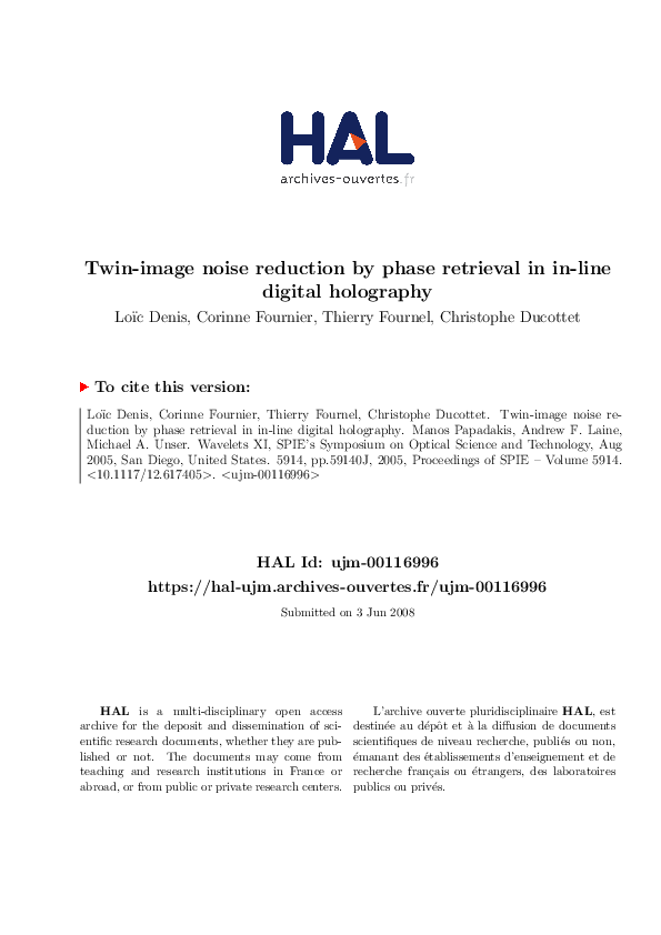 (PDF) Twin-image noise reduction by phase retrieval in in-line digital holography