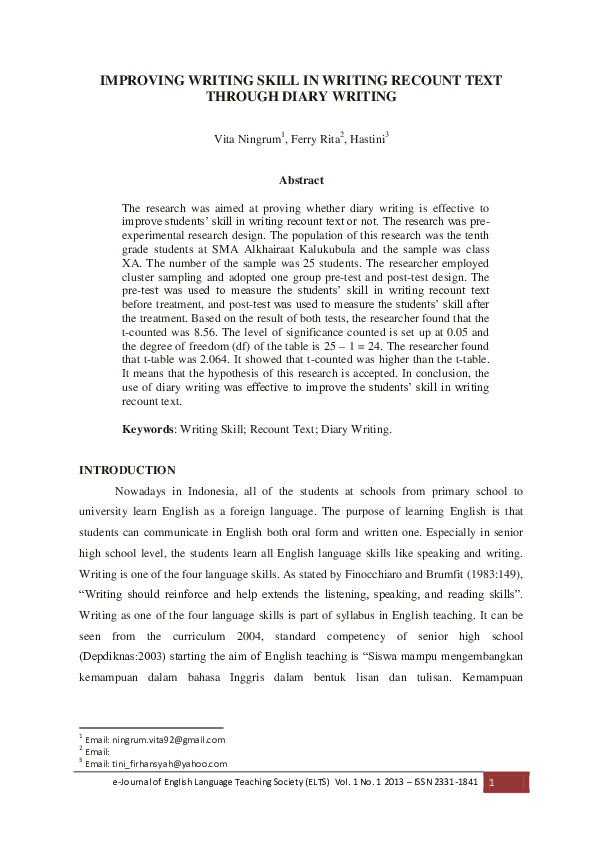 (PDF) Improving Writing Skill in Writing Recount Text Through Diary Writing