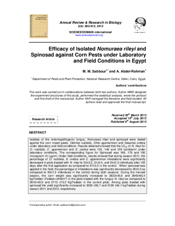 (PDF) Efficacy of Isolated Nomuraea rileyi and Spinosad against Corn ...