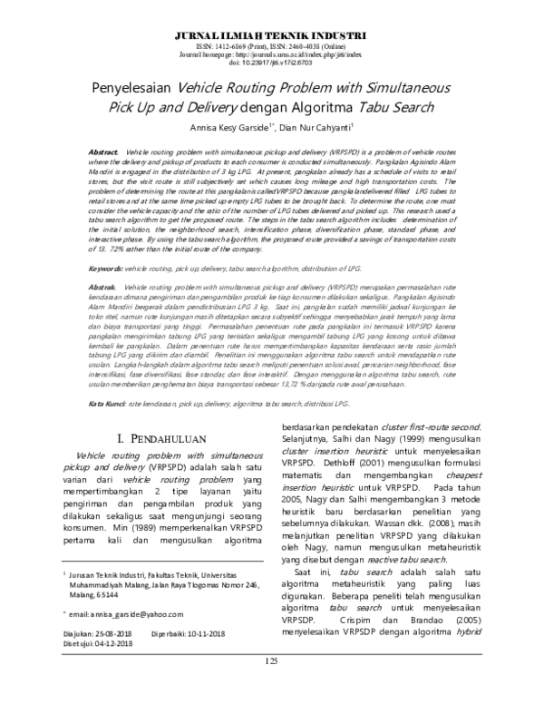 (PDF) Penyelesaian Vehicle Routing Problem with Simultaneous Pick Up and Delivery dengan ...