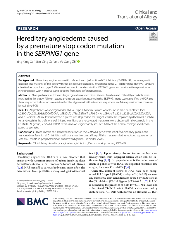 (PDF) Hereditary angioedema caused by a premature stop codon mutation in the SERPING1 gene | Yu ...