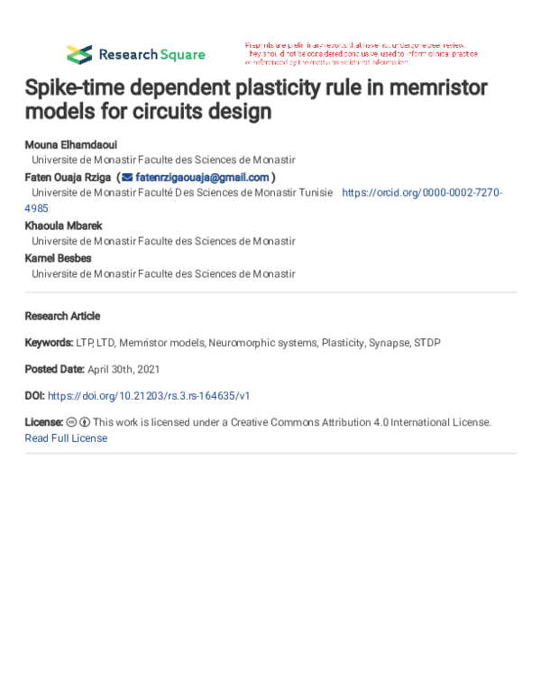 (PDF) Spike-time dependent plasticity rule in memristor models for circuits design