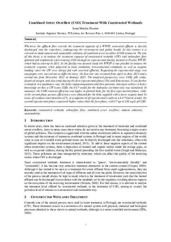 (PDF) Combined Sewer Overflow ( CSO ) Treatment With Constructed Wetlands