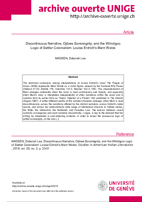 (PDF) Discontinuous Narrative, Ojibwe Sovereignty, and the Wiindigoo ...