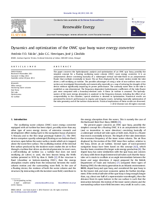 (PDF) Dynamics and optimization of the OWC spar buoy wave energy converter