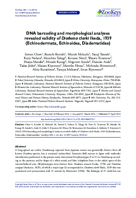 (PDF) DNA barcoding and morphological analyses revealed validity of Diadema clarki Ikeda, 1939 ...