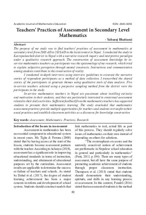 (PDF) Teachers' Practices of Assessment in Secondary Level Mathematics