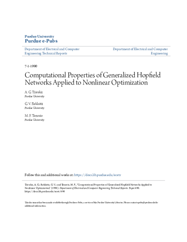 (PDF) Computational Properties Of Generalized Hopfield Networks Applied To Nonlinear Optimization