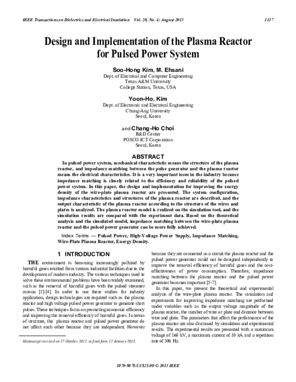 (PDF) Design and implementation of the plasma reactor for pulsed power ...