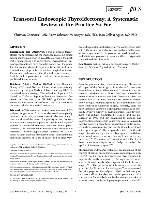 (PDF) Transoral Endoscopic Thyroidectomy: A Systematic Review of the Practice So Far | Pierre ...
