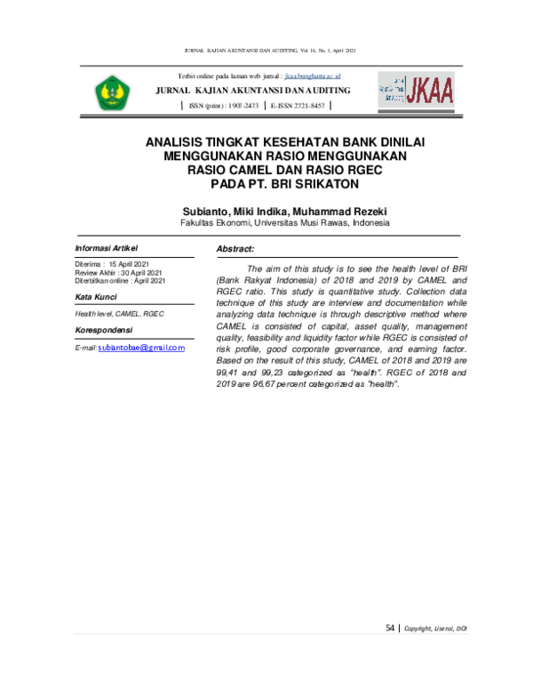 (PDF) Analisis Tingkat Kesehatan Bank Dinilai Menggunakan Rasio CAMEL dan Rasio RGEC pada PT ...