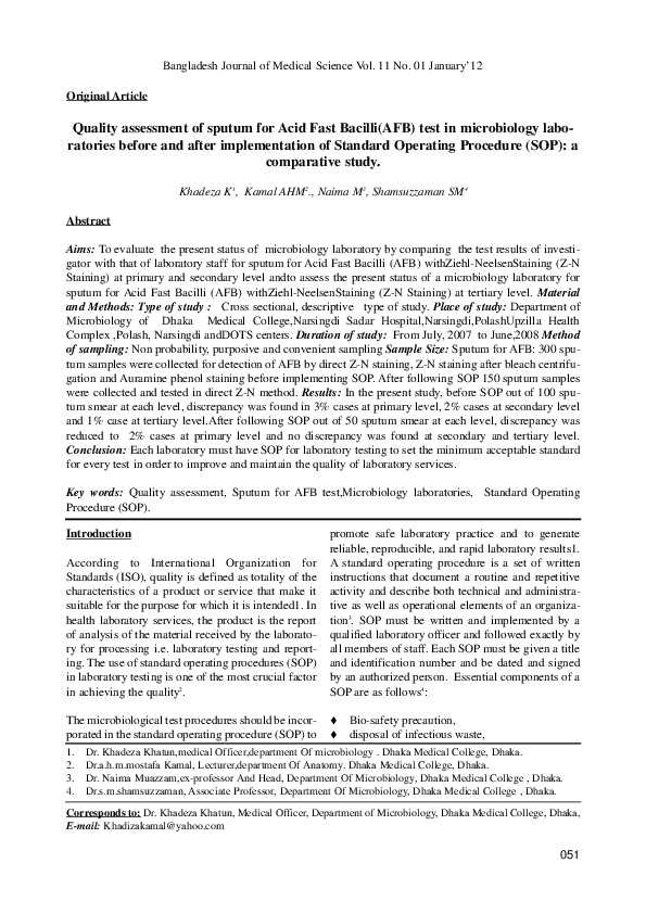 (PDF) Quality assessment of sputum for Acid Fast Bacilli(AFB) test in ...