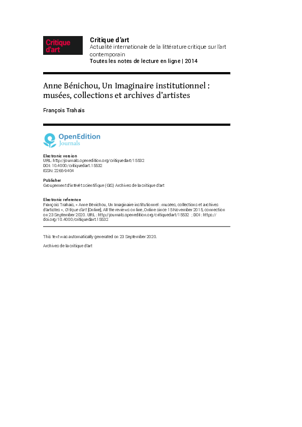 (PDF) Anne Bénichou, Un Imaginaire institutionnel : musées, collections ...