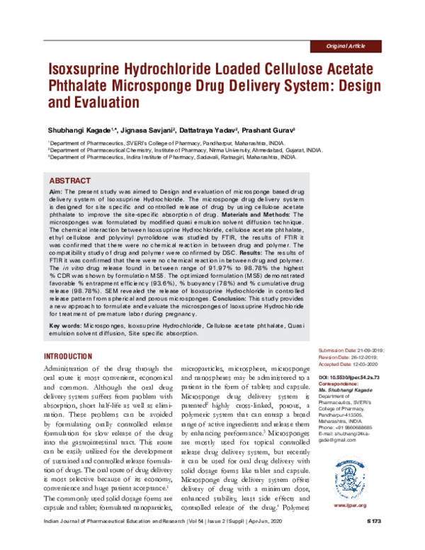 (PDF) Isoxsuprine Hydrochloride Loaded Cellulose Acetate Phthalate Microsponge Drug Delivery ...