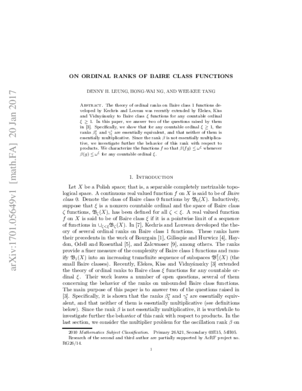(PDF) On ordinal ranks of Baire class functions