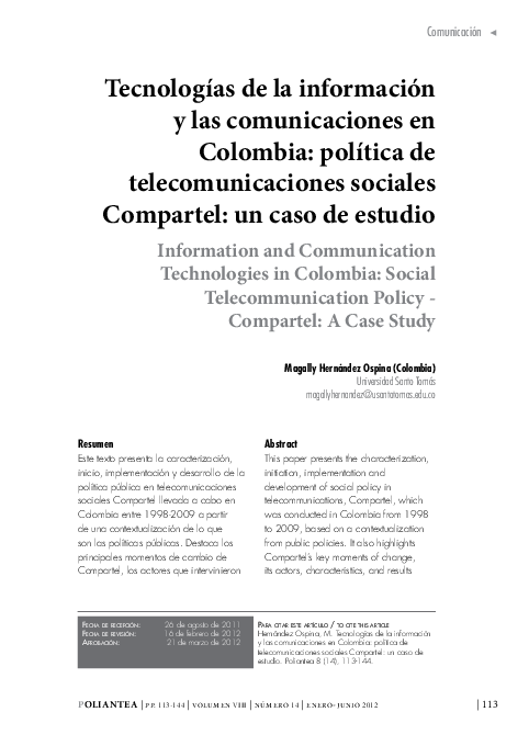 (PDF) Tecnologías de la información y las comunicaciones en Colombia: política de ...