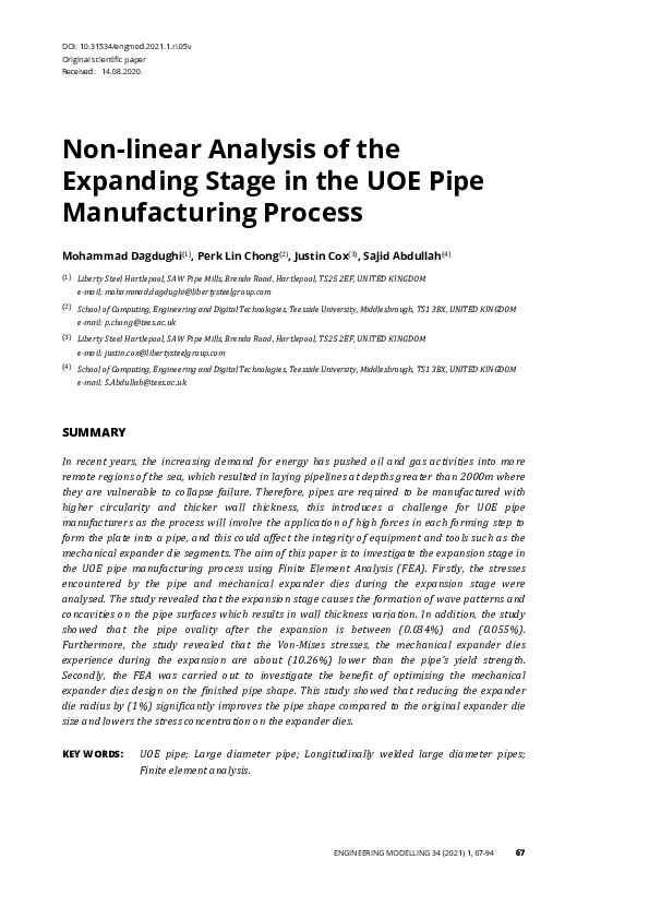 (PDF) Non-linear Analysis of the Expanding Stage in the UOE Pipe ...