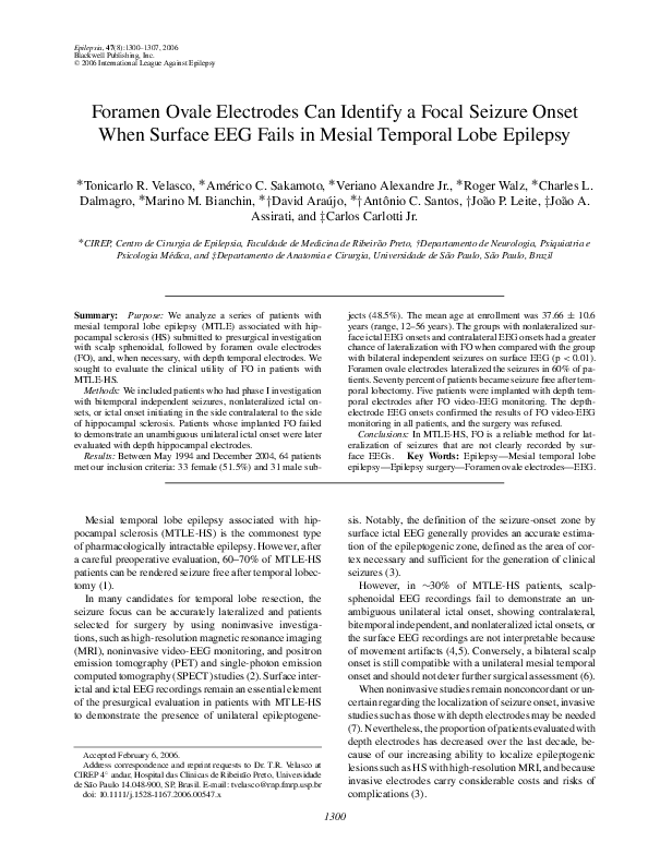 (PDF) Foramen Ovale Electrodes Can Identify a Focal Seizure Onset When Surface EEG Fails in ...