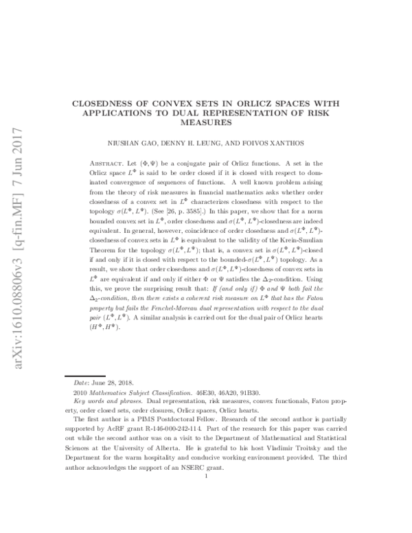 (PDF) Closedness of convex sets in Orlicz spaces with applications to dual representation of ...