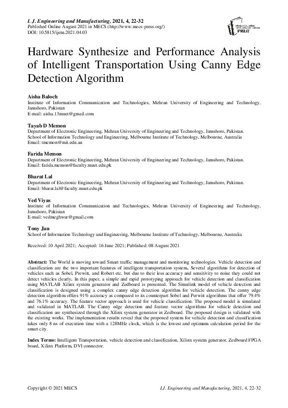 (PDF) Hardware Synthesize and Performance Analysis of Intelligent Transportation Using Canny ...